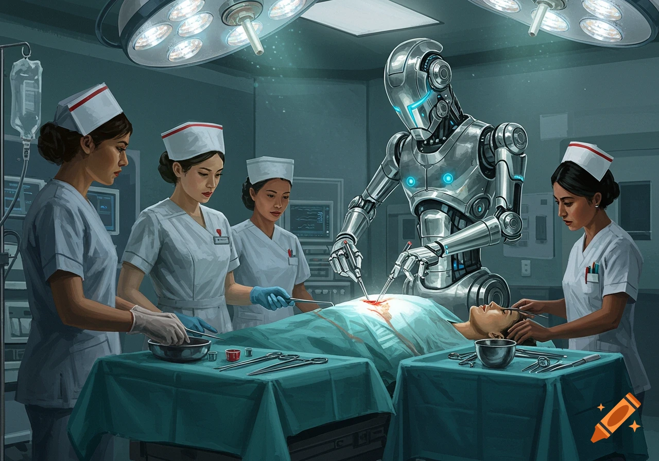 A robot performs surgery on a patient in an operating room, assisted by ...