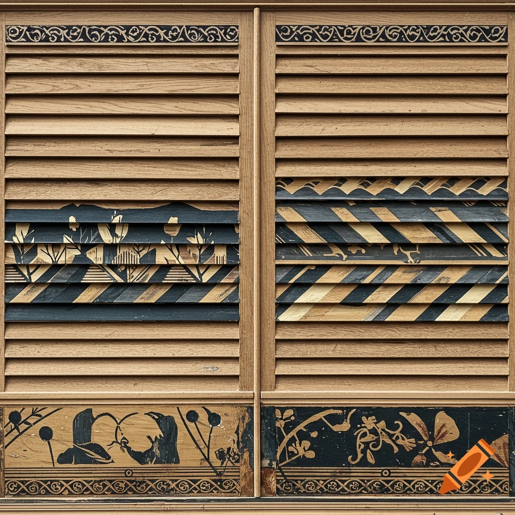 Wooden shutters with geometric, herringbone, and abstract decorative ...