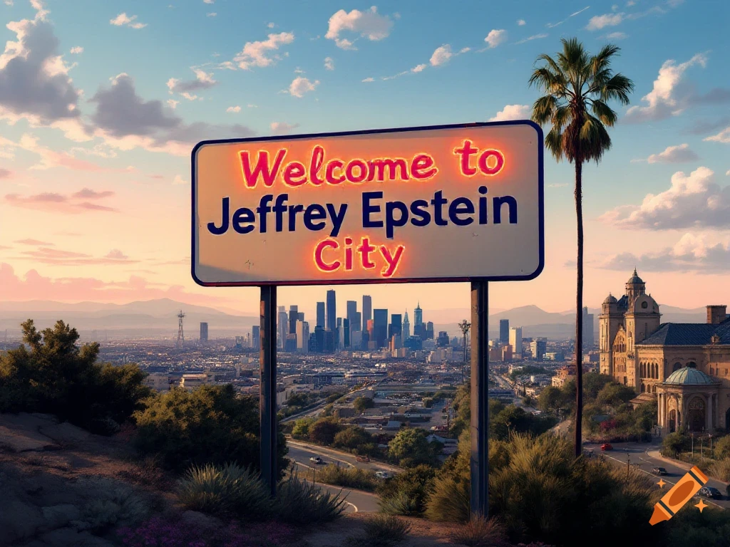 A sign reading "Welcome to Jeffrey Epstein City" overlooks a city ...