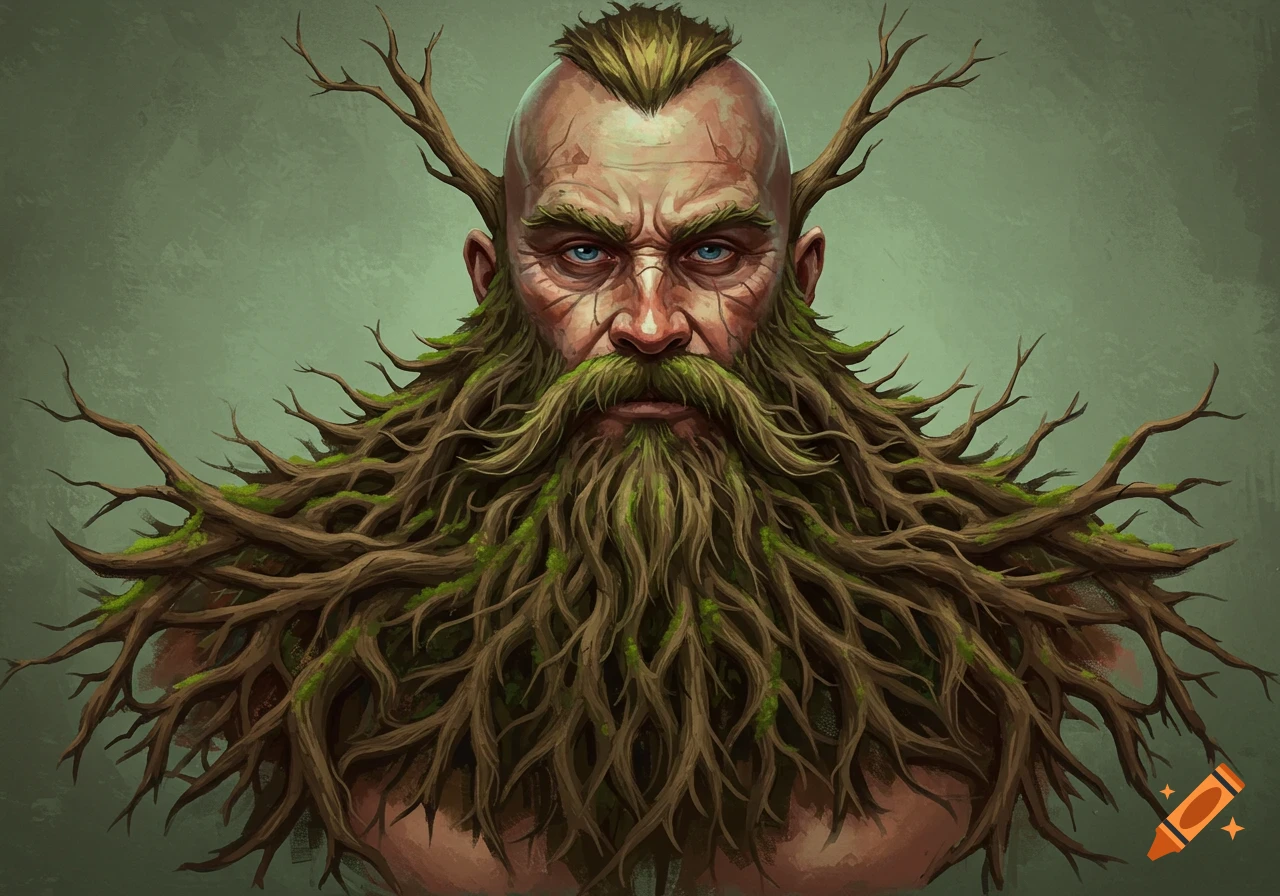 A fantasy portrait of a man with a detailed beard and hair made of tree ...