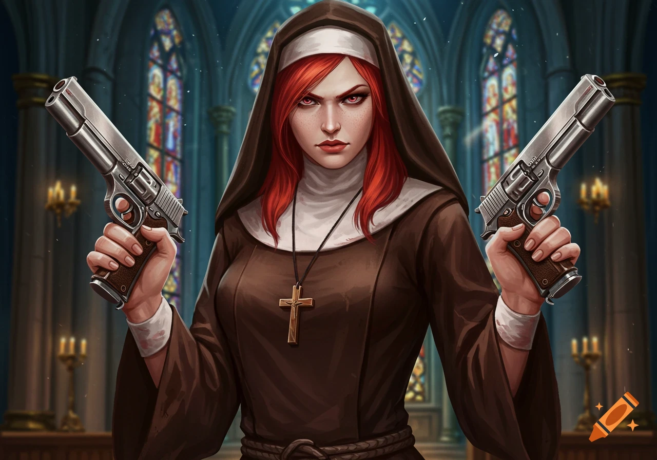 Red-haired nun holding two pistols inside a church with stained-glass ...