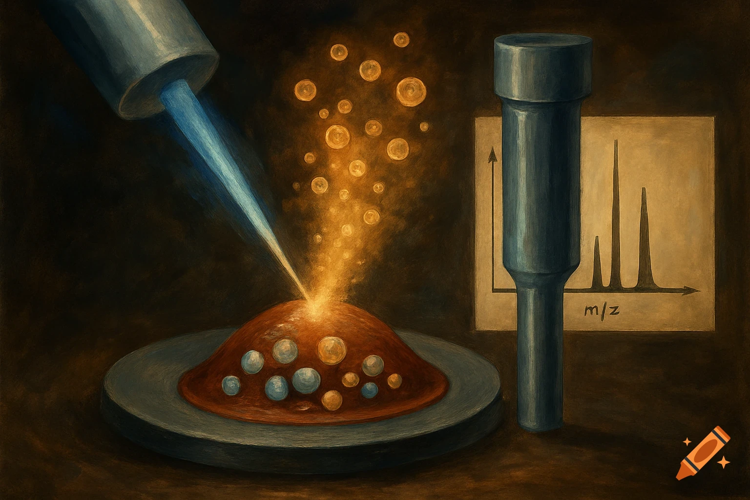 An illustration of a scientific setup where a blue laser beam hits a ...