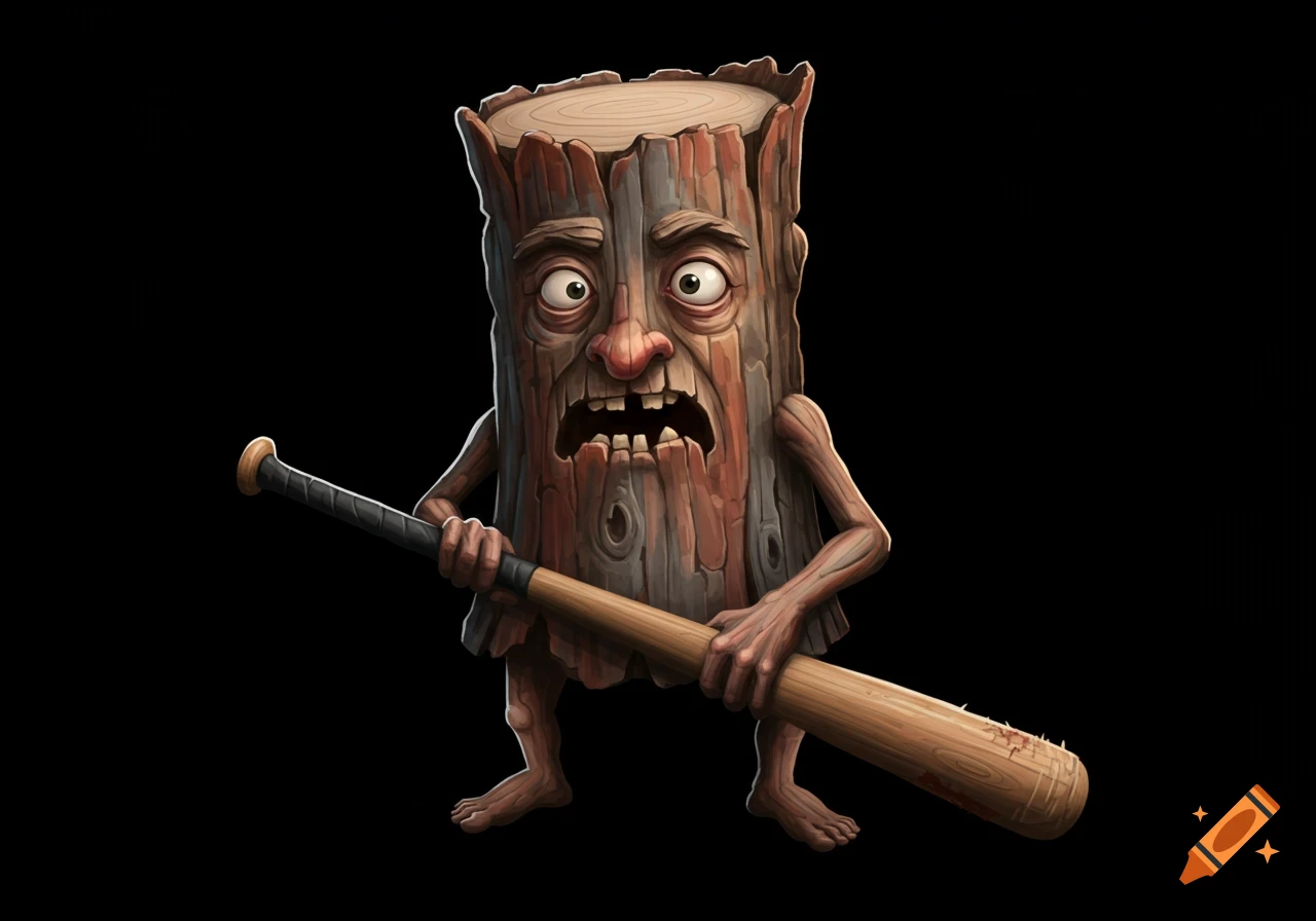 Cartoon log monster with scared face holding a bloodstained baseball ...