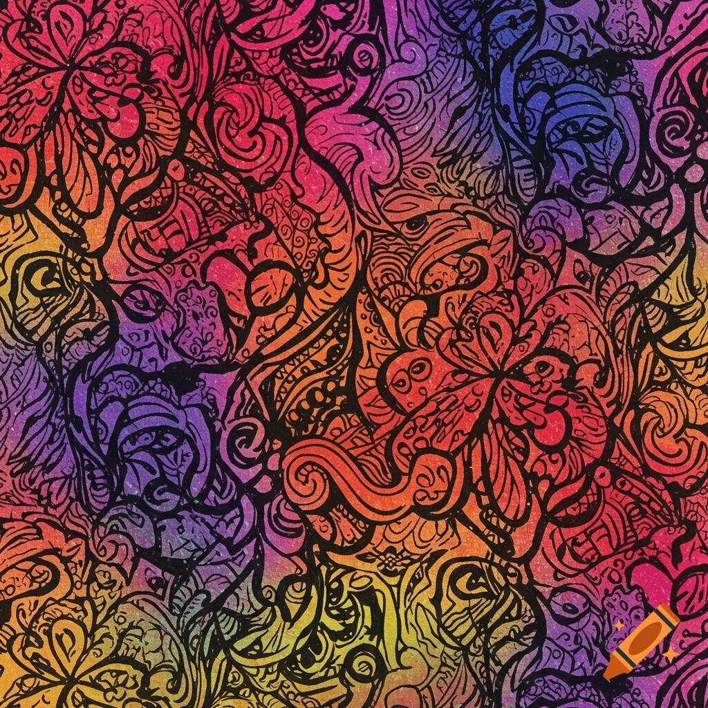 Detailed abstract pattern with thick black outlines over a vibrant ...