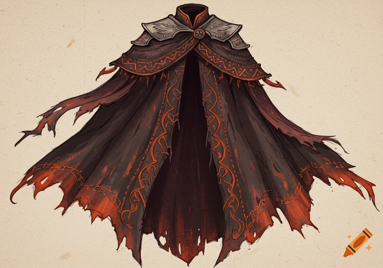 A hand-drawn illustration of a worn, dark fantasy cloak with red ...