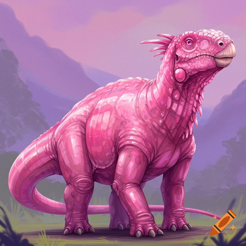A bright pink dinosaur with scaled, jewel-like skin stands in a purple ...
