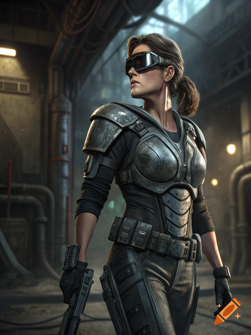 Woman in sci-fi armor and goggles holds a gun in an industrial setting on Craiyon