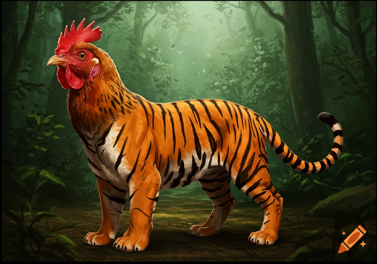 A creature with a chicken head and a tiger body stands in a forest ...