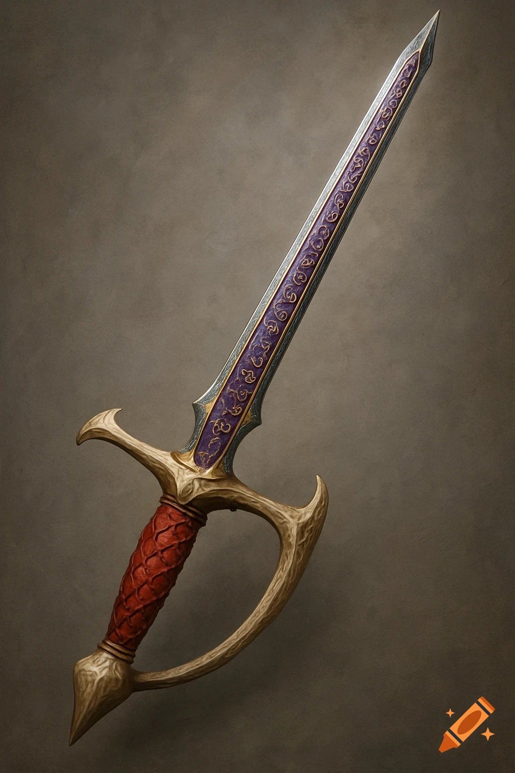 A fantasy rapier with a curved gold hilt, red scaled grip, and a silver ...