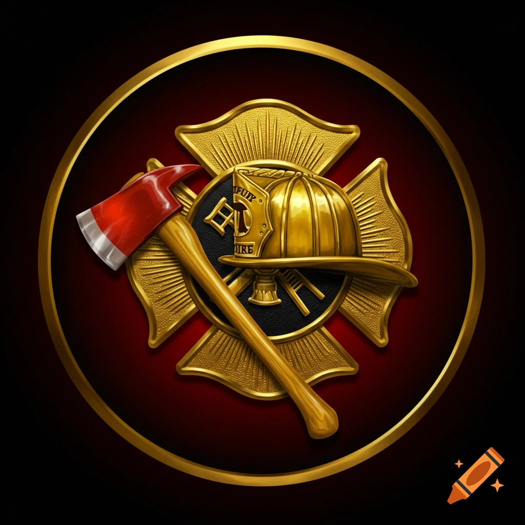 Golden firefighter emblem with axe and helmet on a red background. on ...