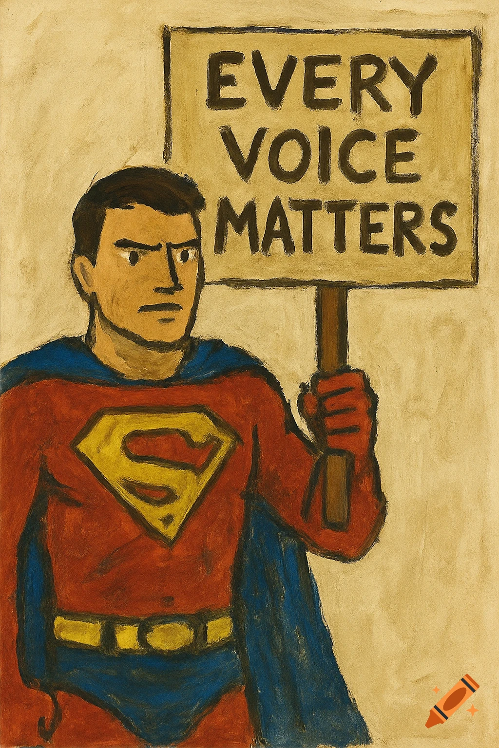 Superman-like figure holding a sign that says Every Voice Matters ...