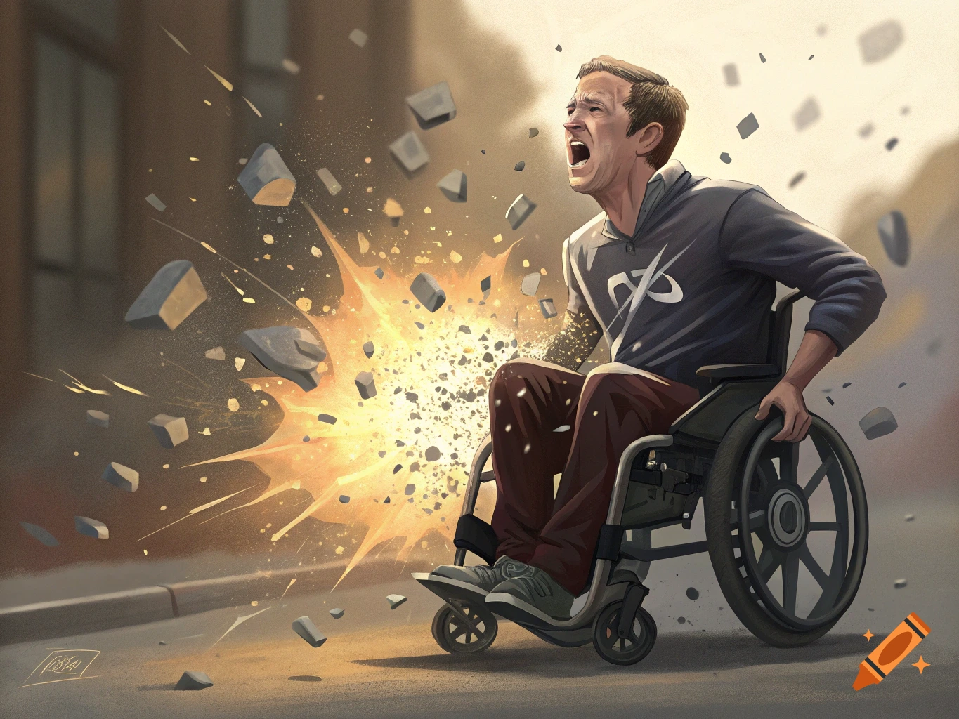 Man in wheelchair caught in explosion with debris flying, digital art ...