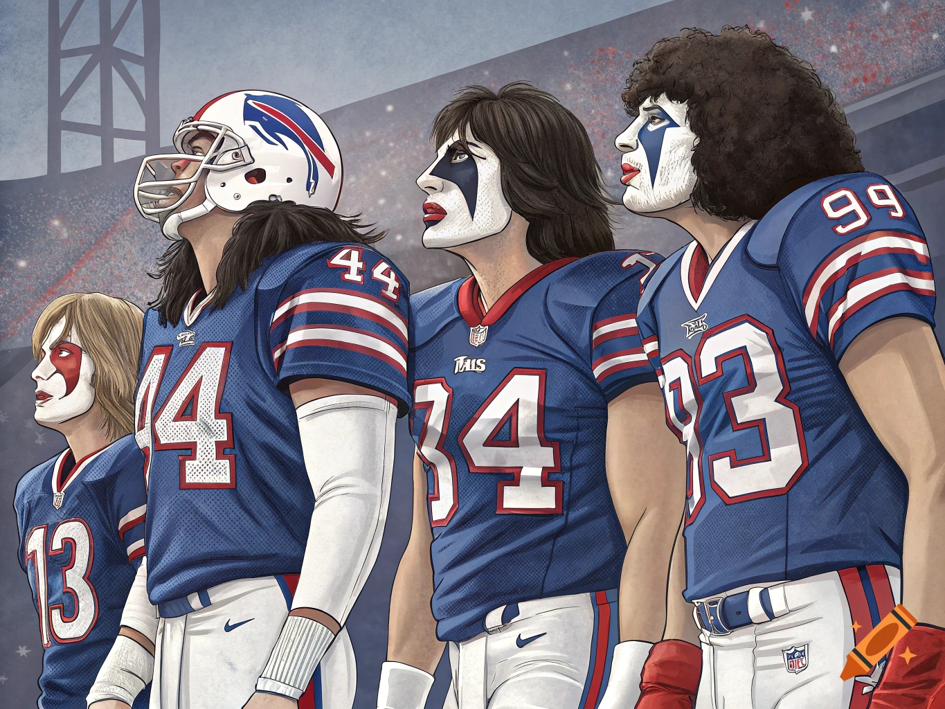 Illustration of football players in Buffalo Bills uniforms wearing KISS ...