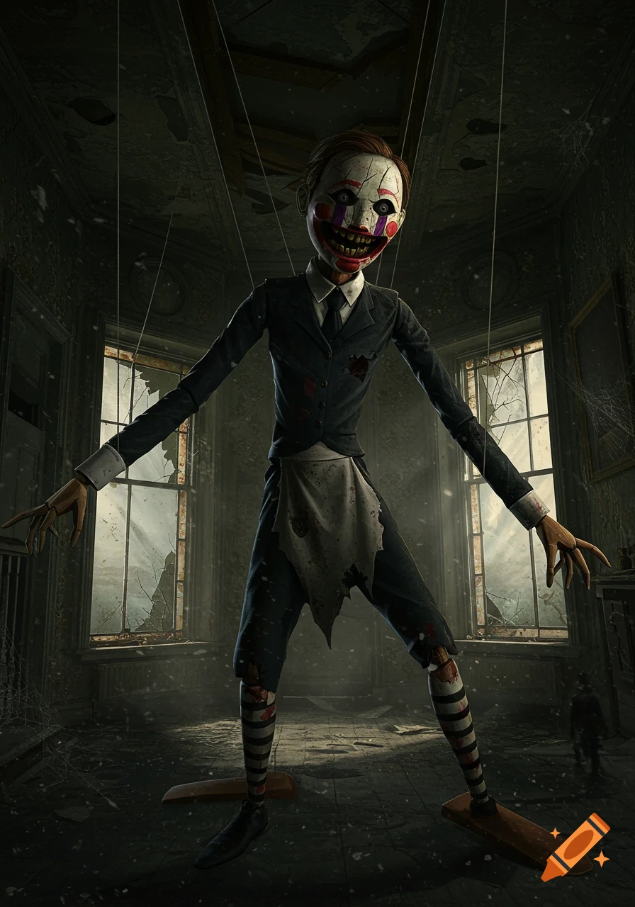 A creepy marionette puppet stands in a dark, decaying room. on Craiyon