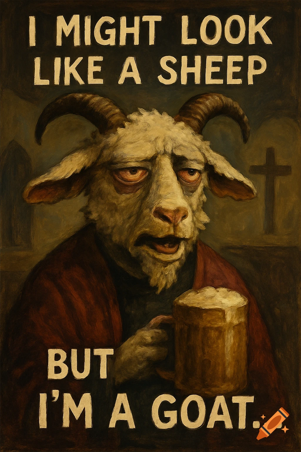 Illustration of a goat-like creature holding a beer mug with text 'I ...
