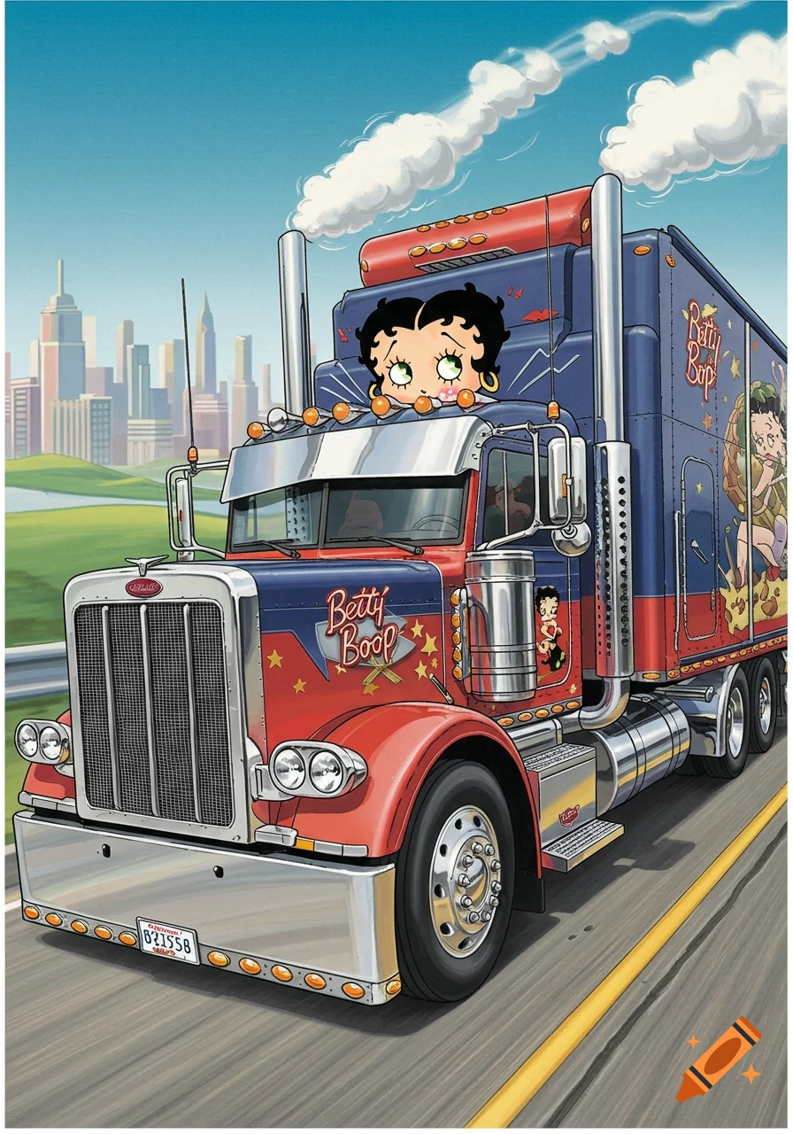 Cartoon illustration of a red and blue Peterbilt semi-truck decorated ...