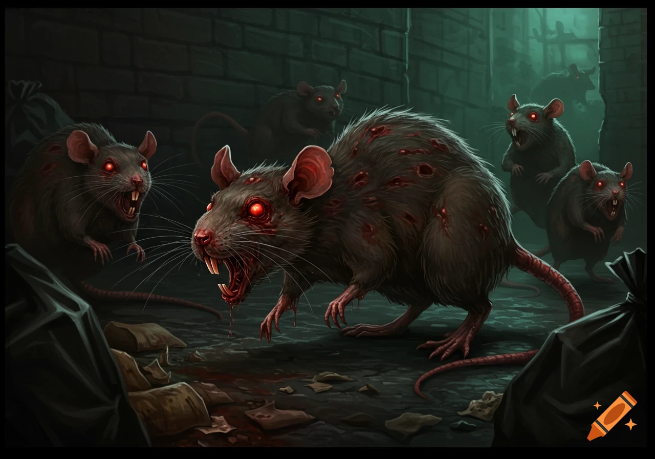 Several large, menacing rats with red eyes and wounds stand among trash ...