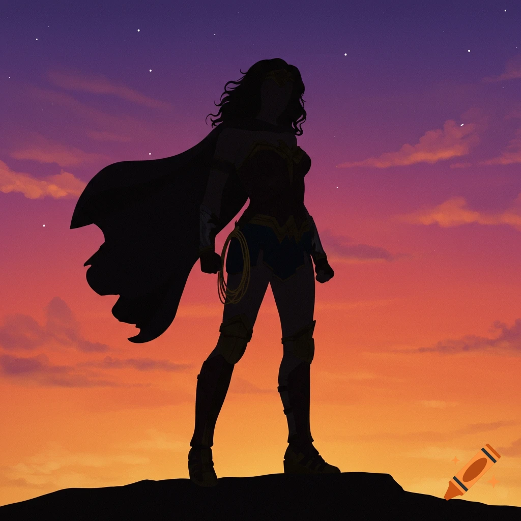 Wonder Woman silhouette against a colorful sunset sky on Craiyon