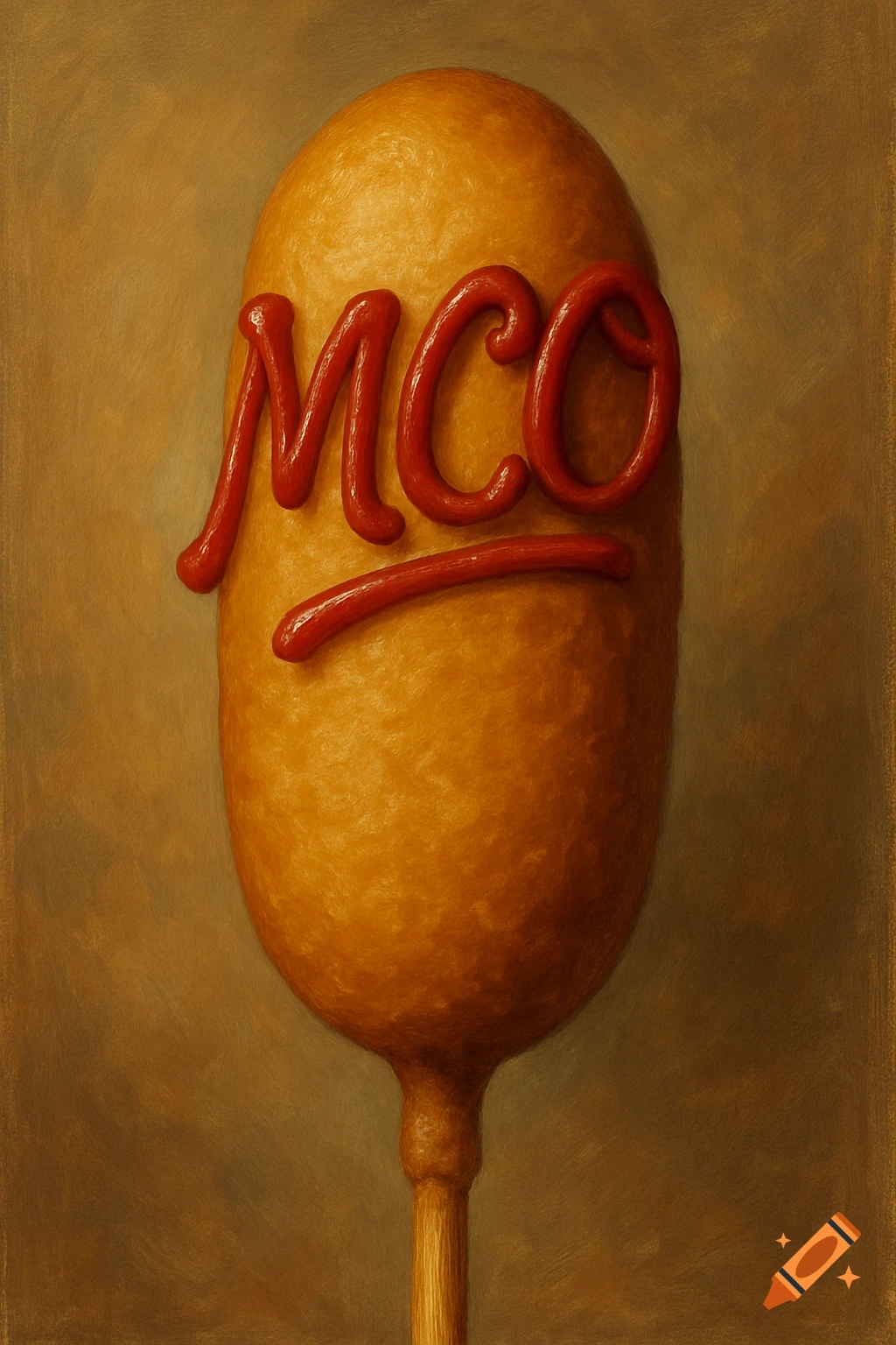 A painting of a corndog with the letters MCO written in red ketchup ...