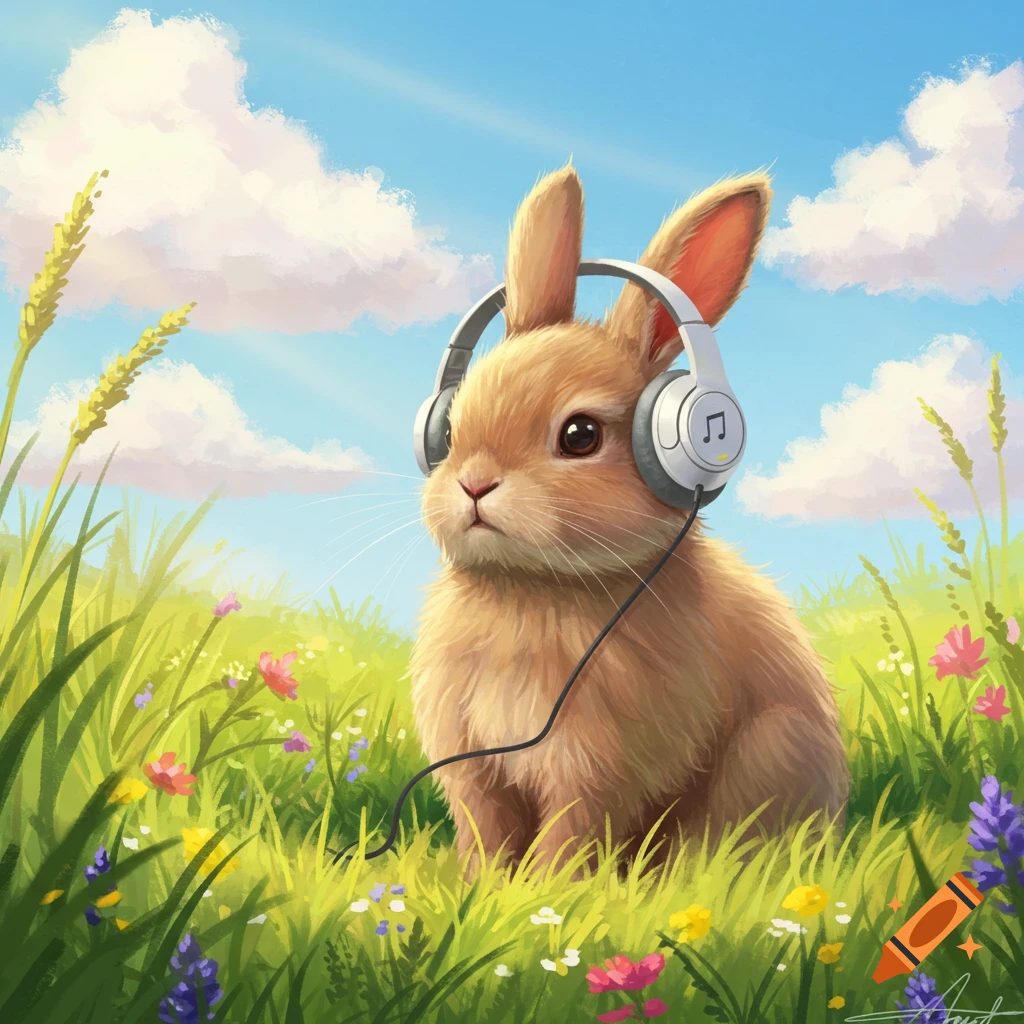 A cute rabbit wearing headphones sits in a sunny field of grass and ...