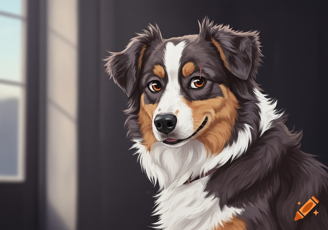 A stylized illustration of a young Australian Shepherd dog with a scar ...