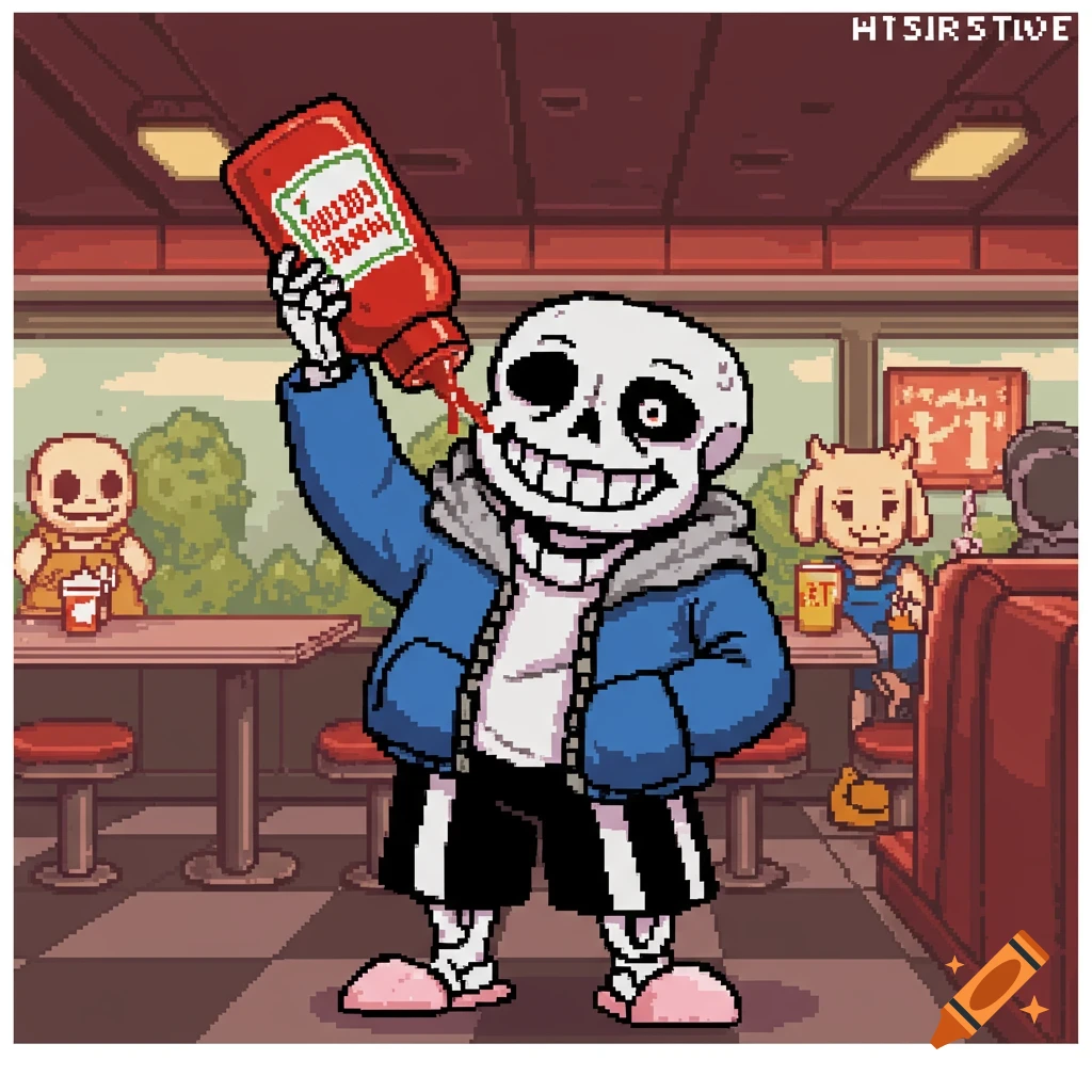 Pixel art illustration of Sans from Undertale pouring ketchup on ...