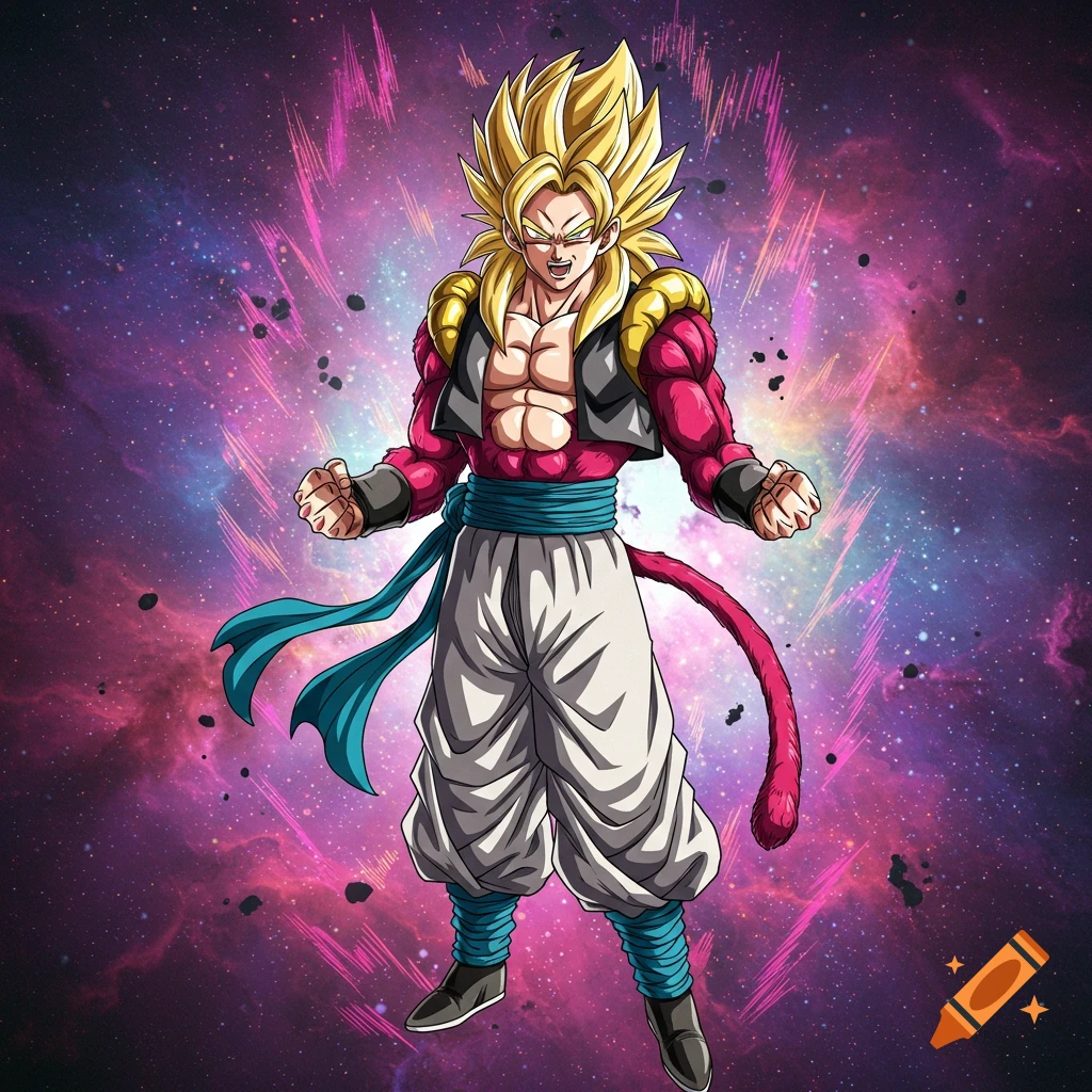 An anime character resembling Super Saiyan 4 Gogeta stands against a ...