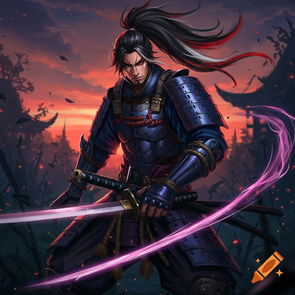 Anime style illustration of a samurai with glowing swords at sunset on ...