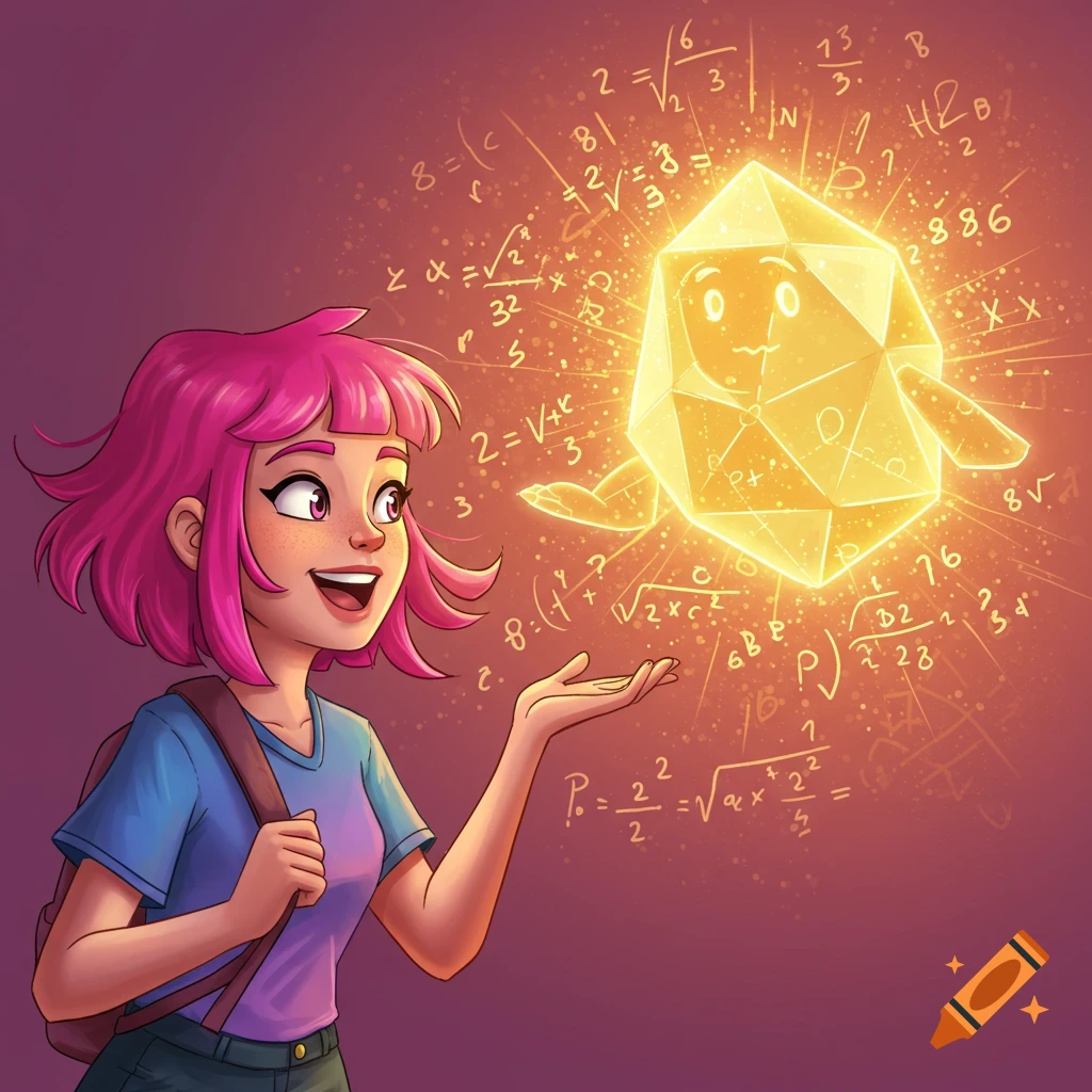 Illustration of a girl with pink hair looking at a glowing crystal ...