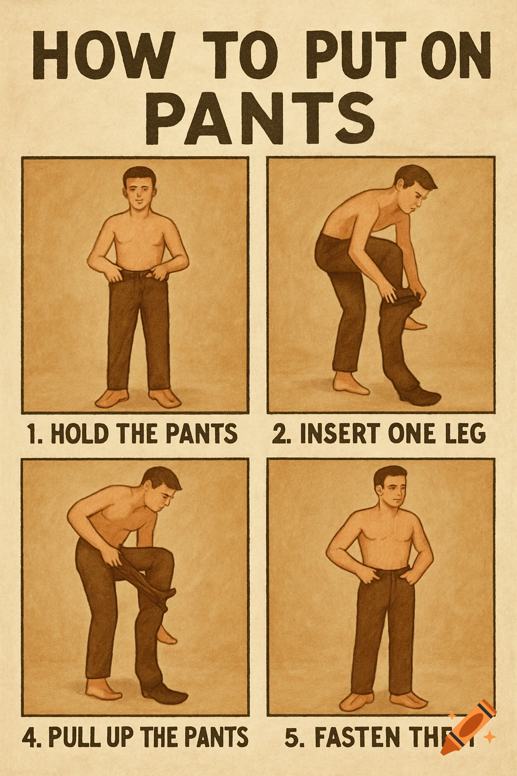 A 5-step illustrated guide shows a man putting on pants, with text ...