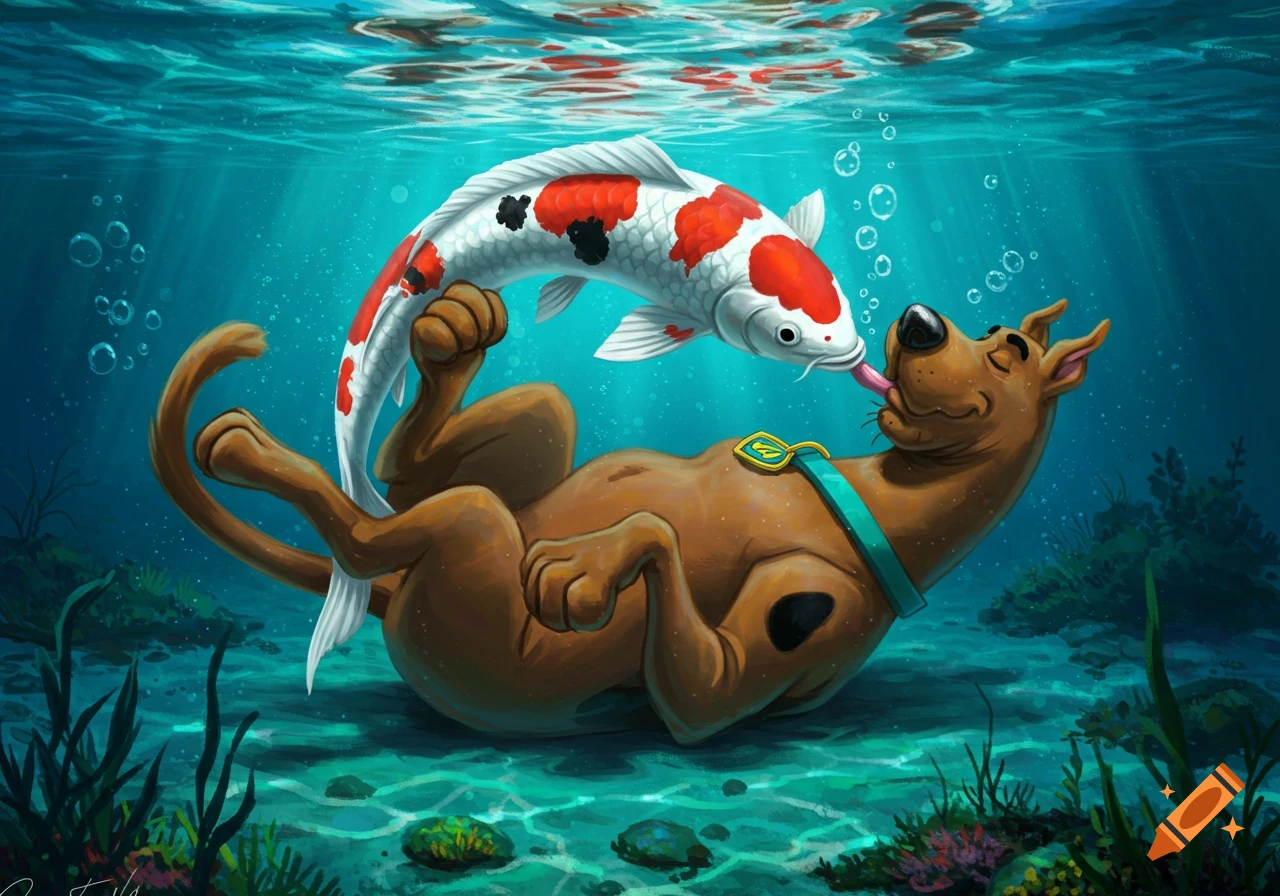 Scooby Doo lies underwater while a koi fish licks his tongue, in a ...