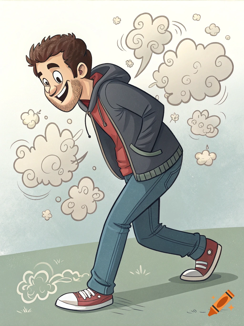 Cartoon illustration of a man in a hoodie and jeans farting, with puff ...