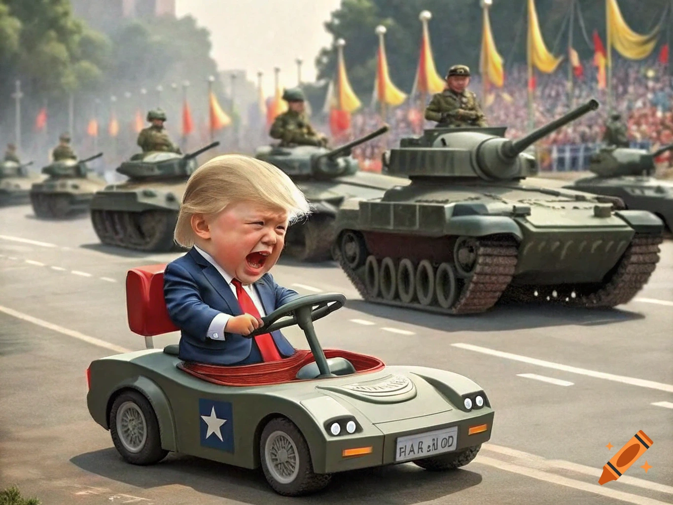 Crying baby with Trump's face drives toy car in a parade with military ...