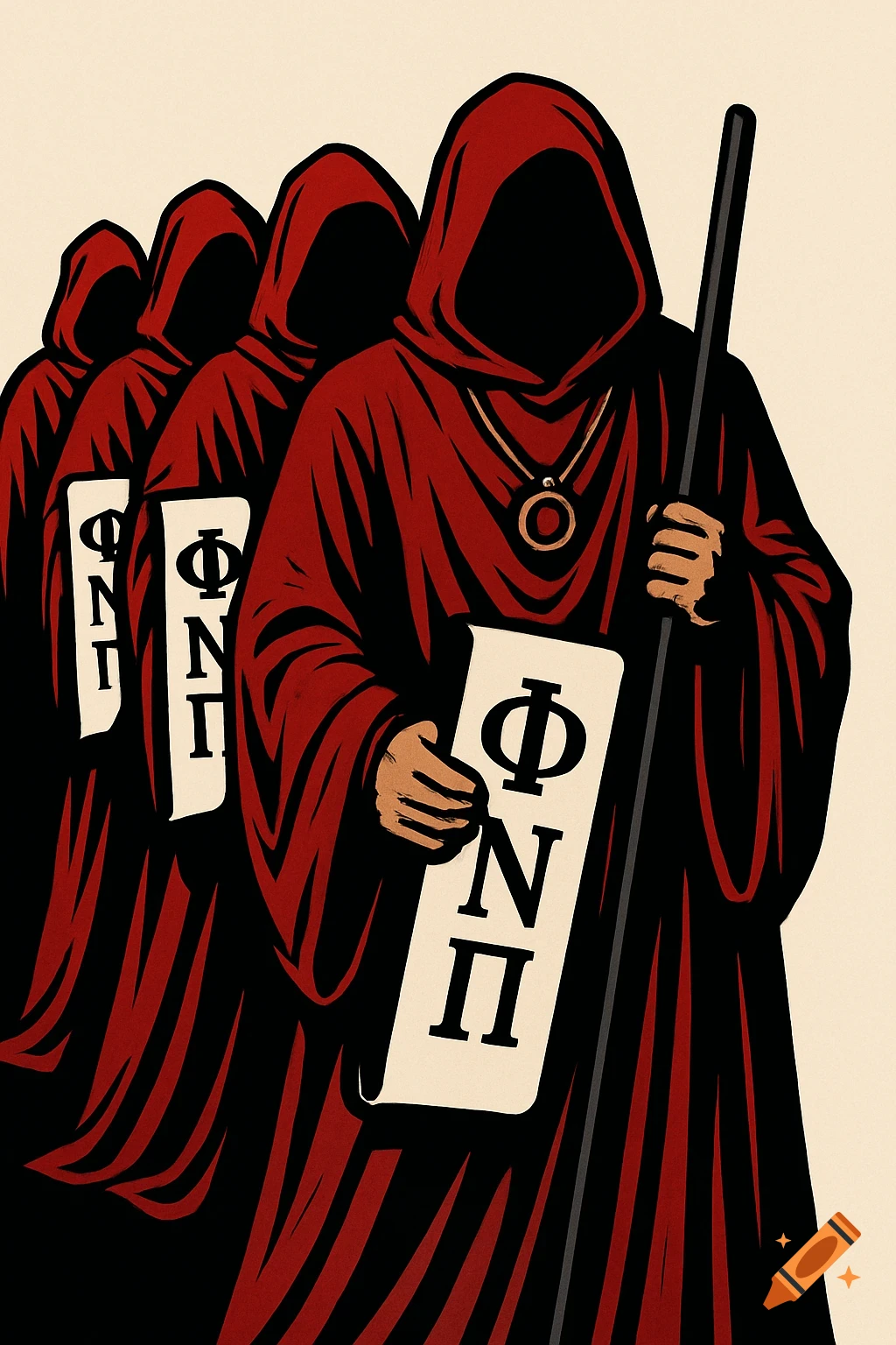 Illustration of four hooded figures in red robes holding scrolls with ...
