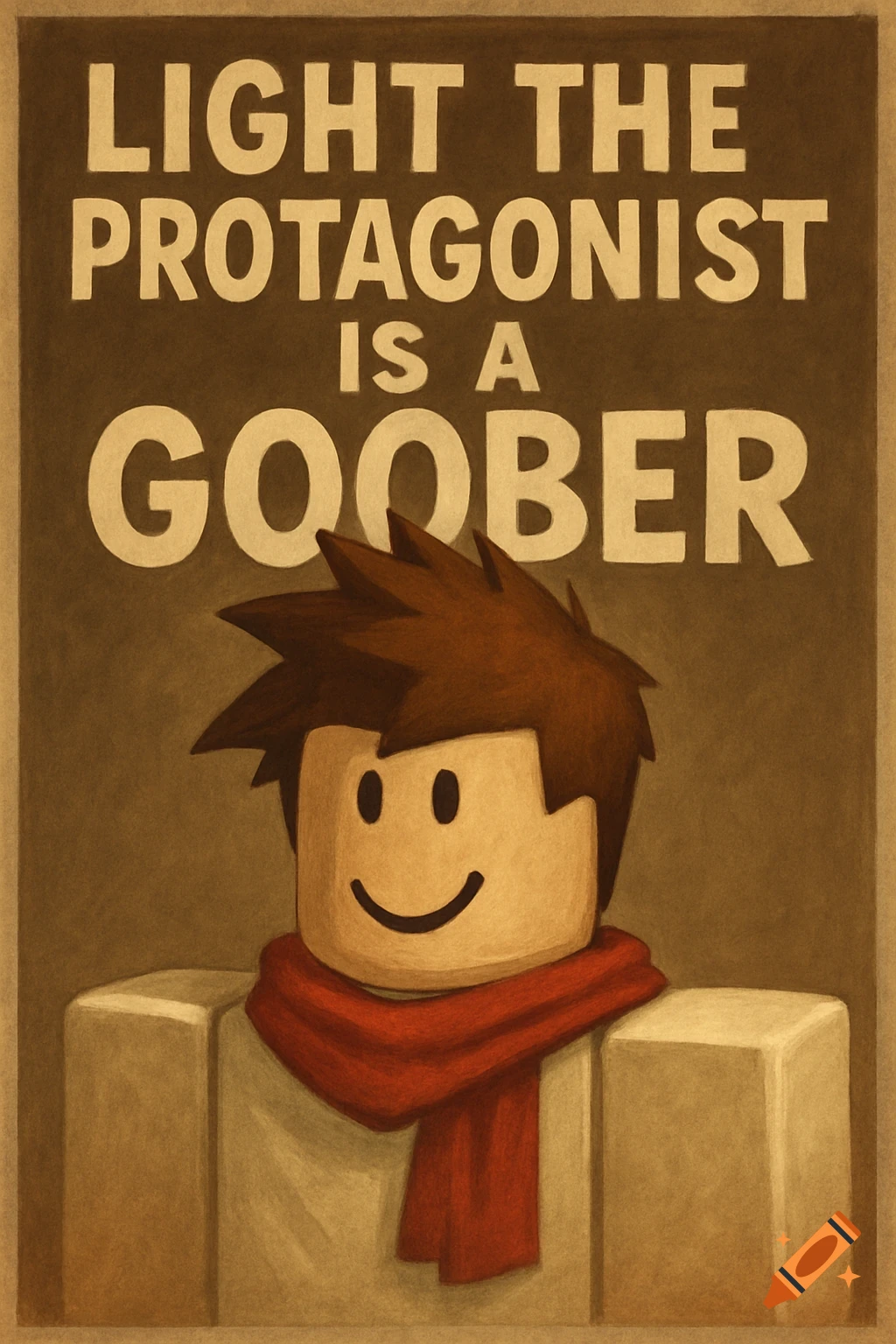 Poster with a Roblox-style character wearing a red scarf and text ...