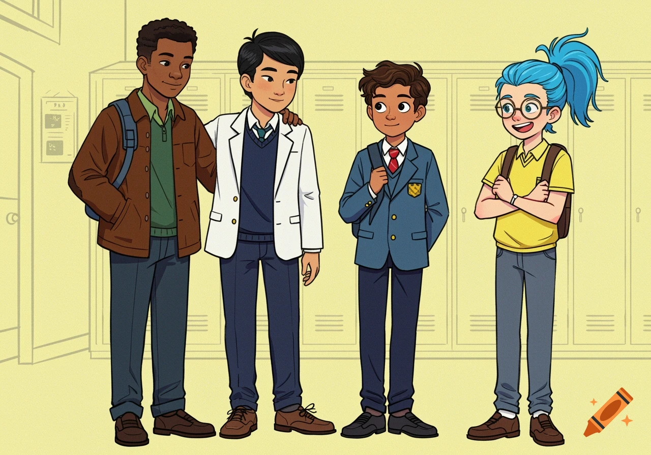 Four diverse teenagers stand in front of school lockers in an anime ...