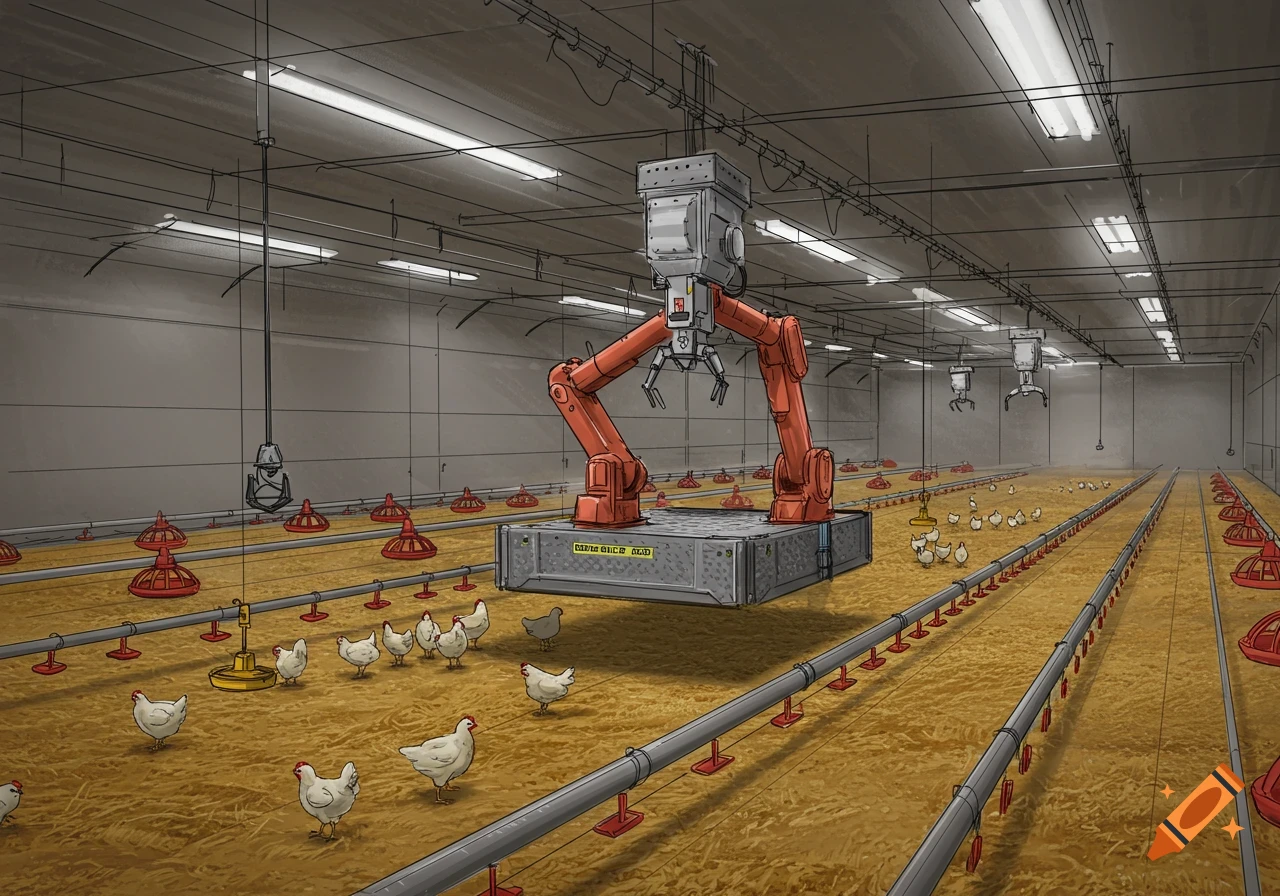 Sketch of a robot in a large chicken farm on Craiyon