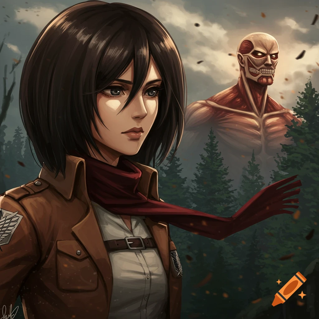 Illustration of Mikasa Ackermann and the Colossal Titan in a forest. on Craiyon