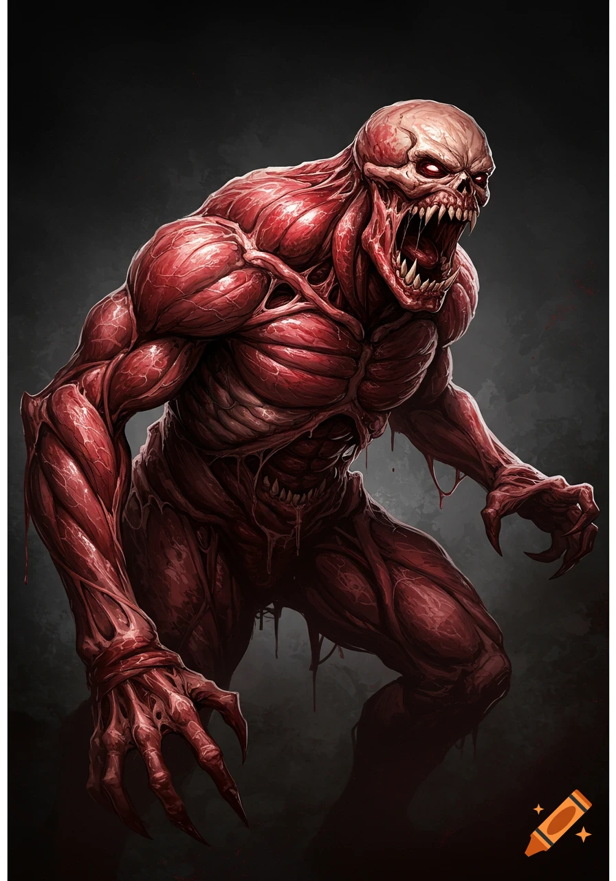 A muscular red monster with glowing eyes and sharp teeth stands in the ...