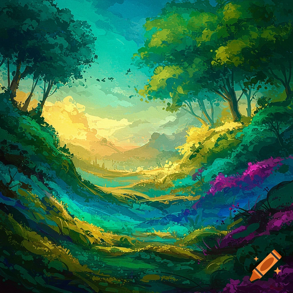 Vibrant, expressive painting of a lush, colorful valley landscape. on ...