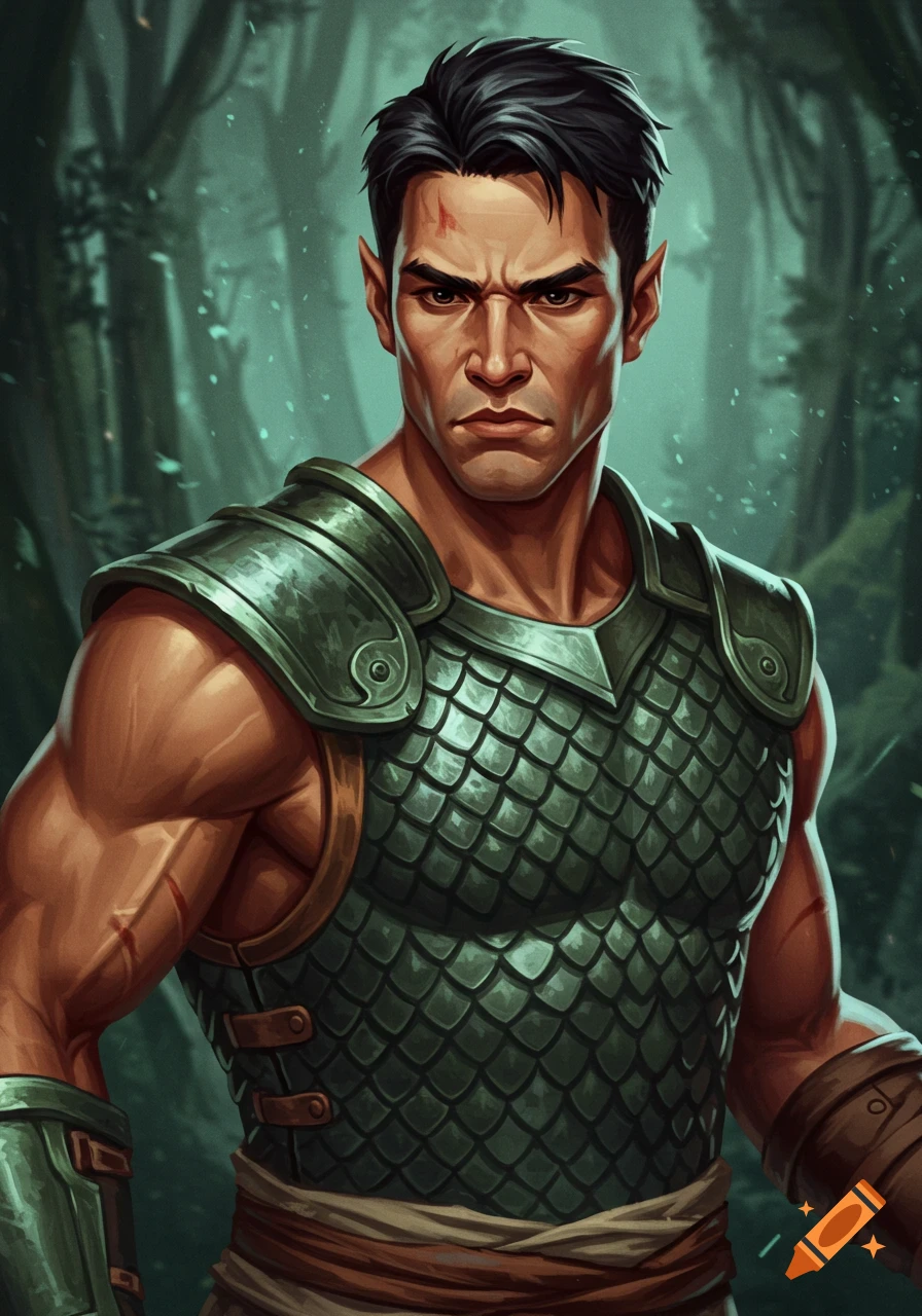 Fantasy portrait of a male fighter in scale armor in a forest. on Craiyon