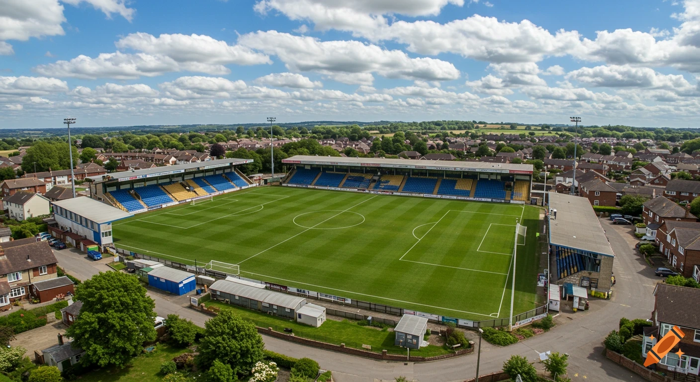 Aerial view of a football stadium with blue and gold seats on Craiyon