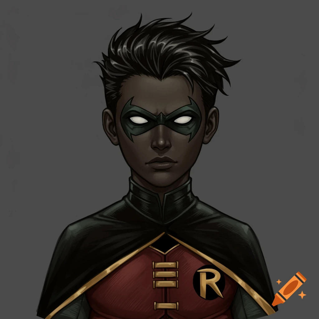 A dark-skinned Robin from DC comics in a comic book style portrait. on ...