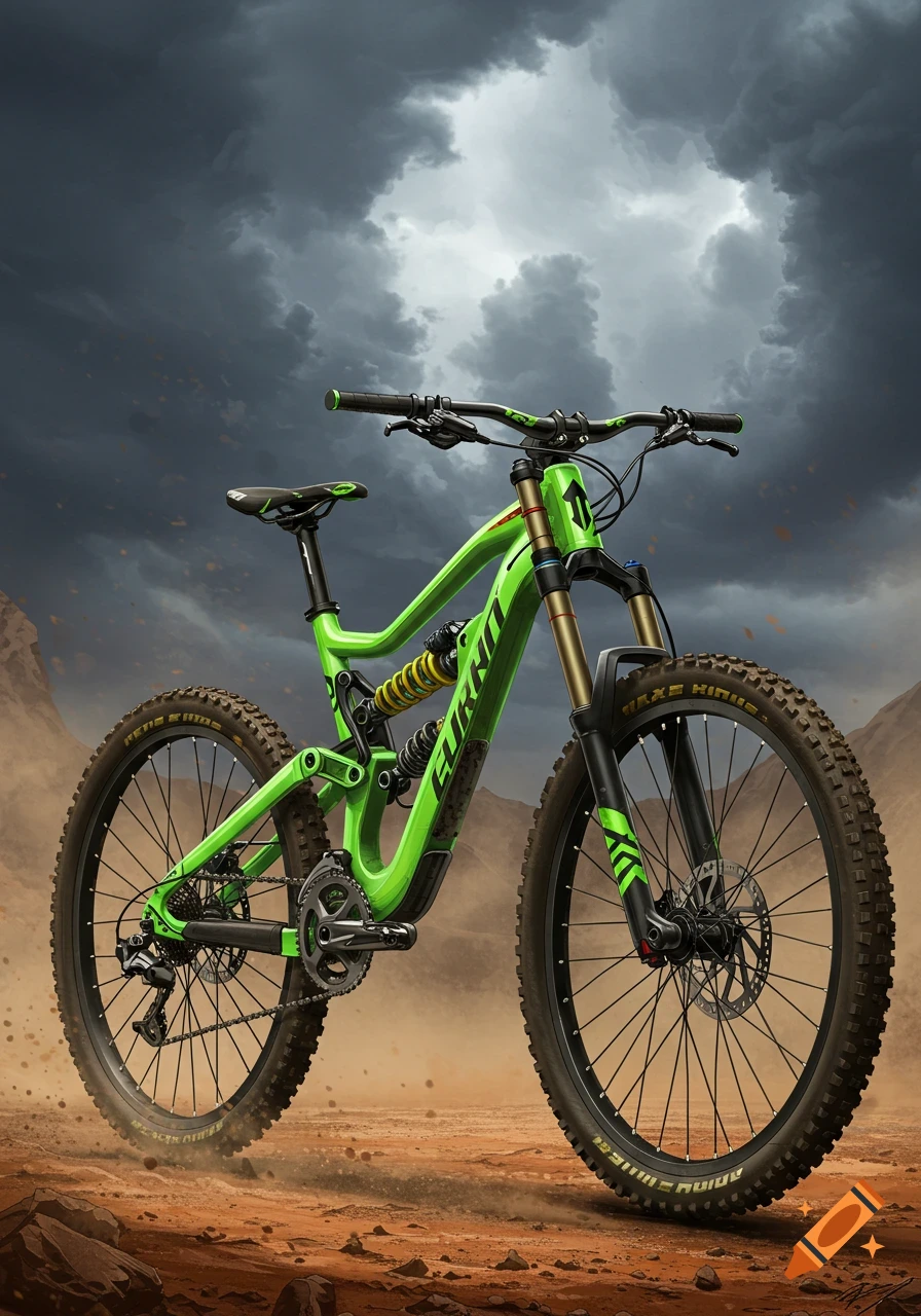 A bright green mountain bike is parked on a dusty trail under a dramatic cloudy sky. on Craiyon