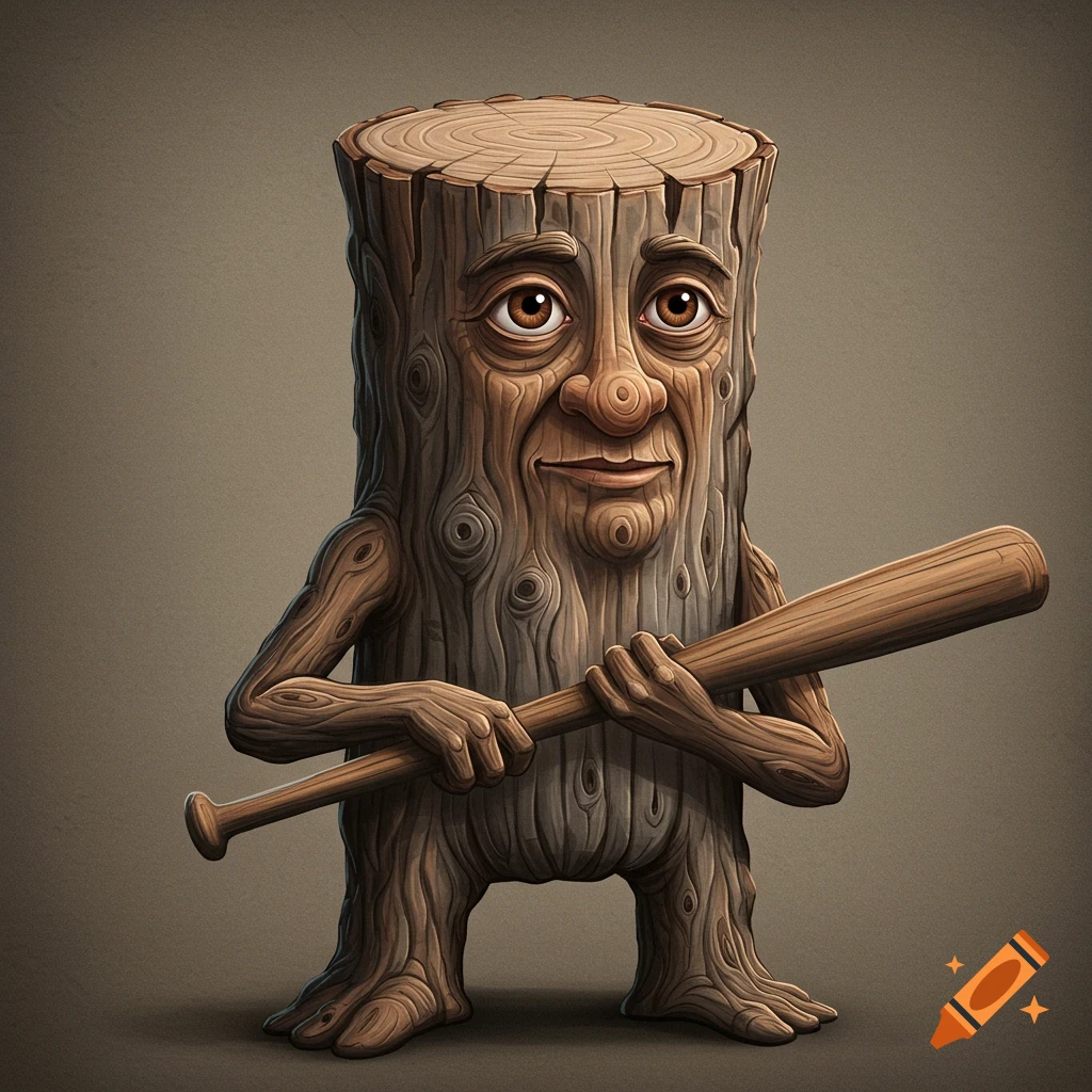 Cartoon wood log character with face holding a baseball bat. on Craiyon