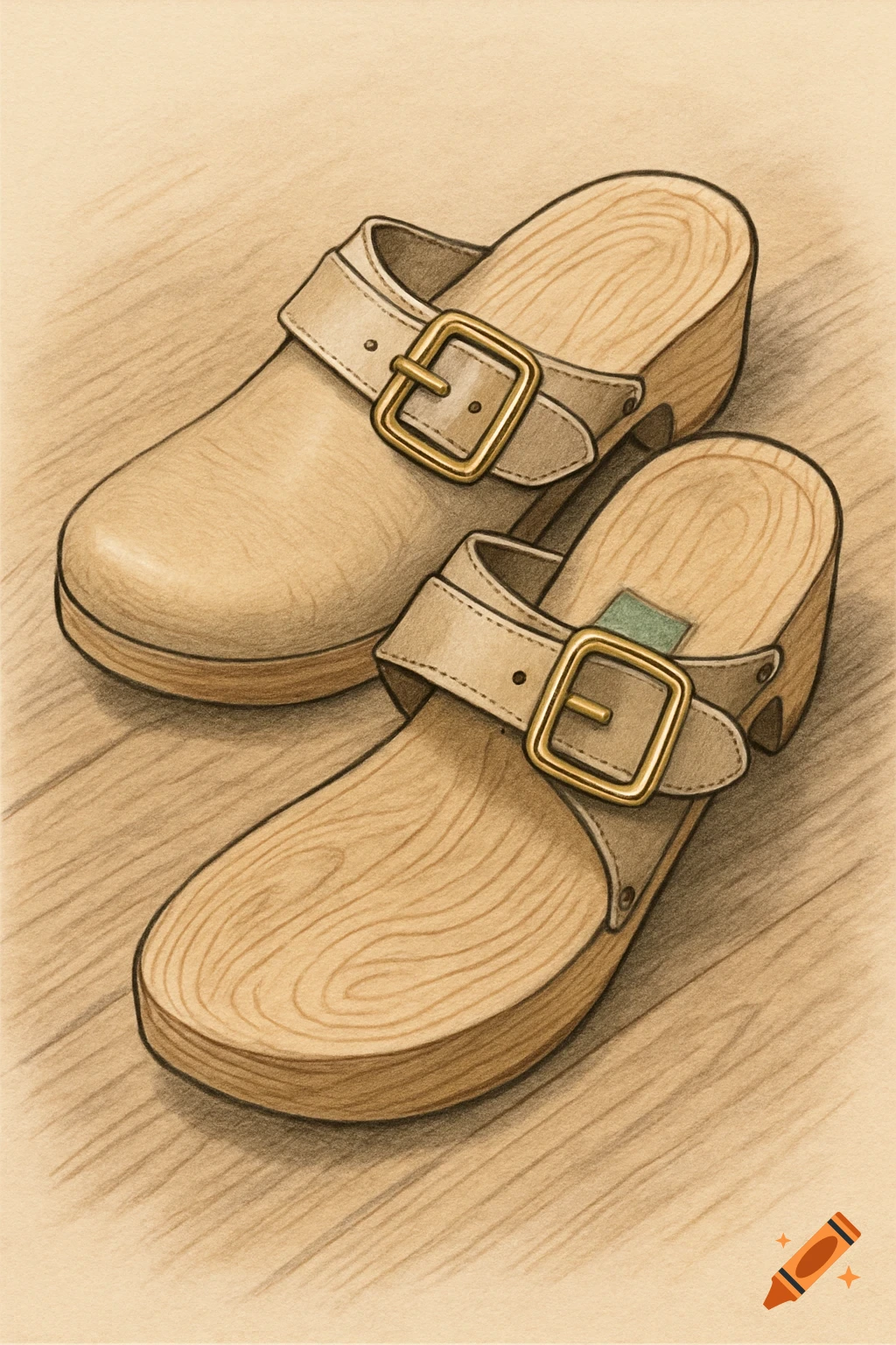 Artistic drawing of a pair of traditional wooden clogs with beige ...