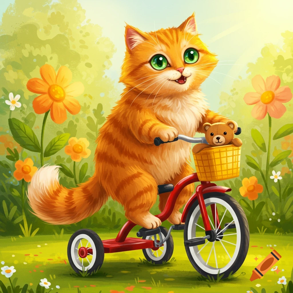 A cartoon orange cat rides a red tricycle with a teddy bear in a garden ...