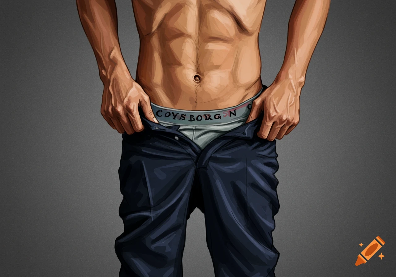 Illustration of a man pulling down his pants, revealing his abdomen and underwear waistband with ...