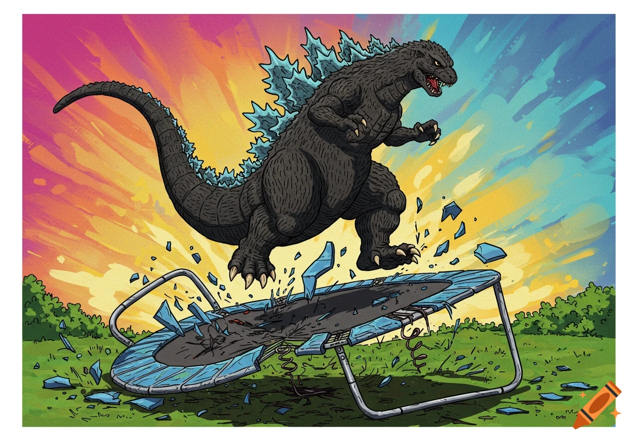Godzilla jumps on and breaks a trampoline in a bright illustration. on ...