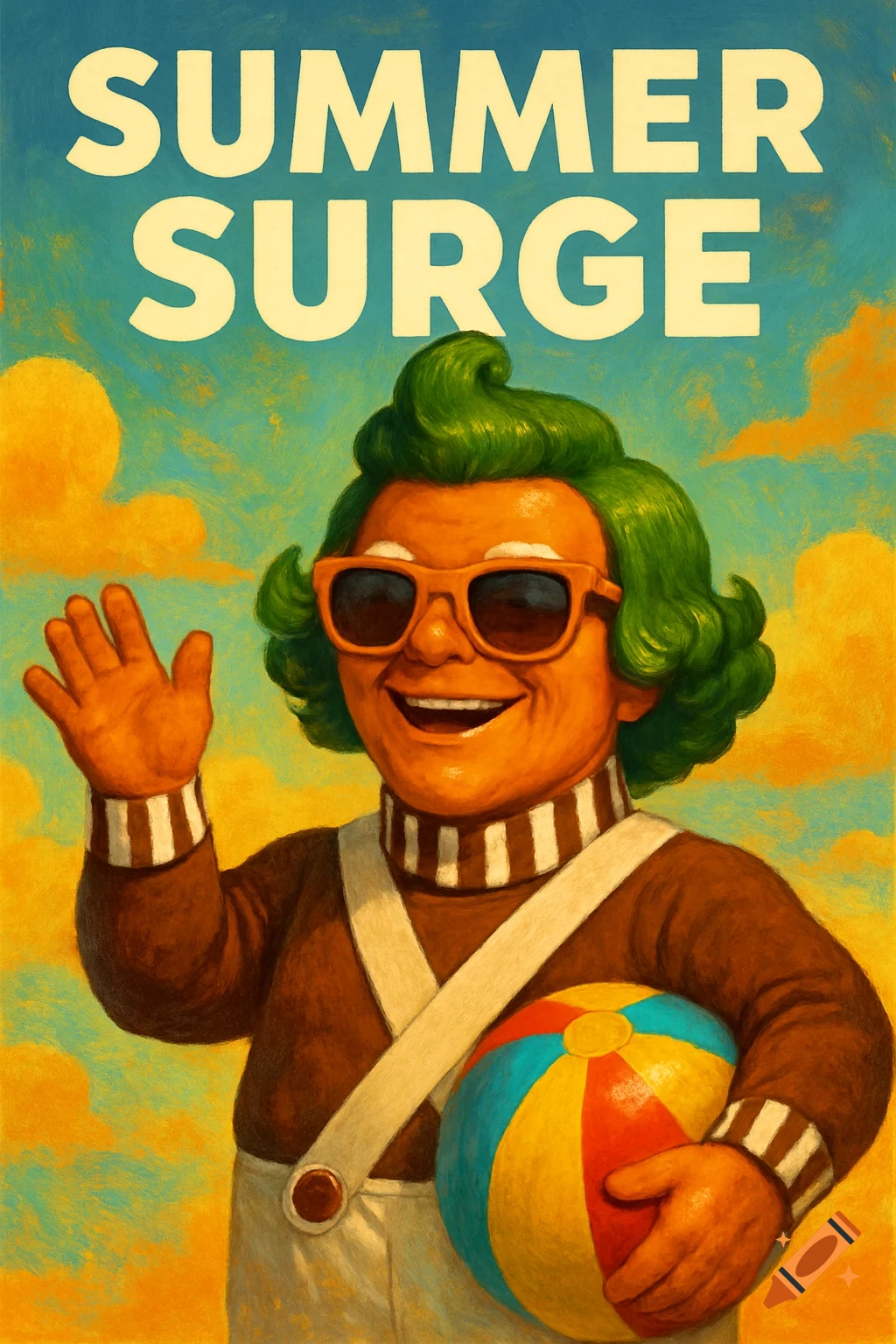 Painterly illustration of an Oompa Loompa character wearing sunglasses ...